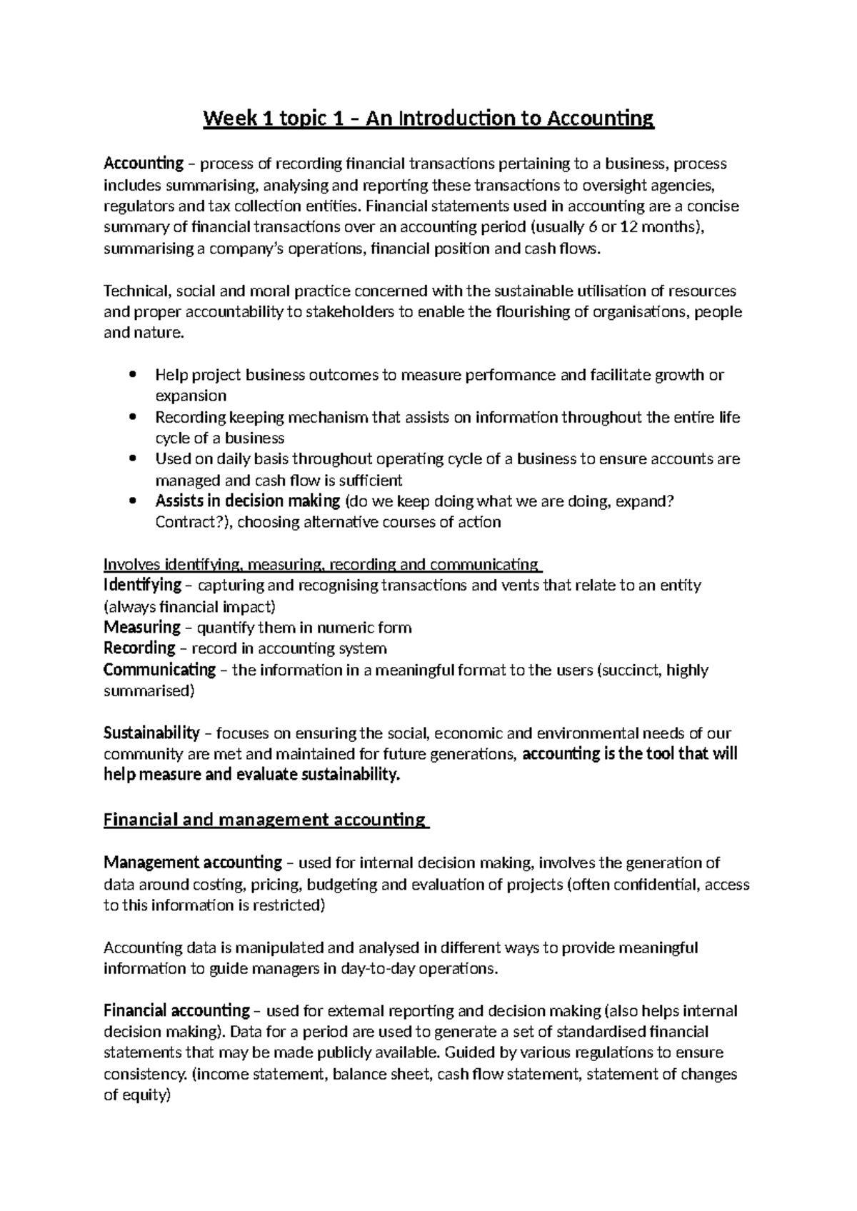 ACC101 Week 1: Intro to Accounting Principles and Practices - Studocu