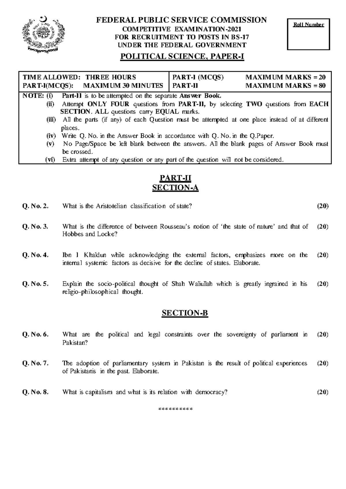 Political Science 2021: Federal Public Service Exam MCQs Guide - Studocu