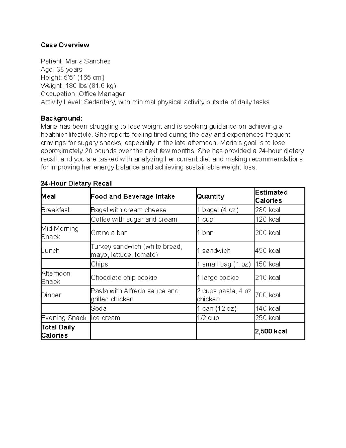 Energy Balance Case Study - Case Overview Patient: Maria Sanchez Age ...