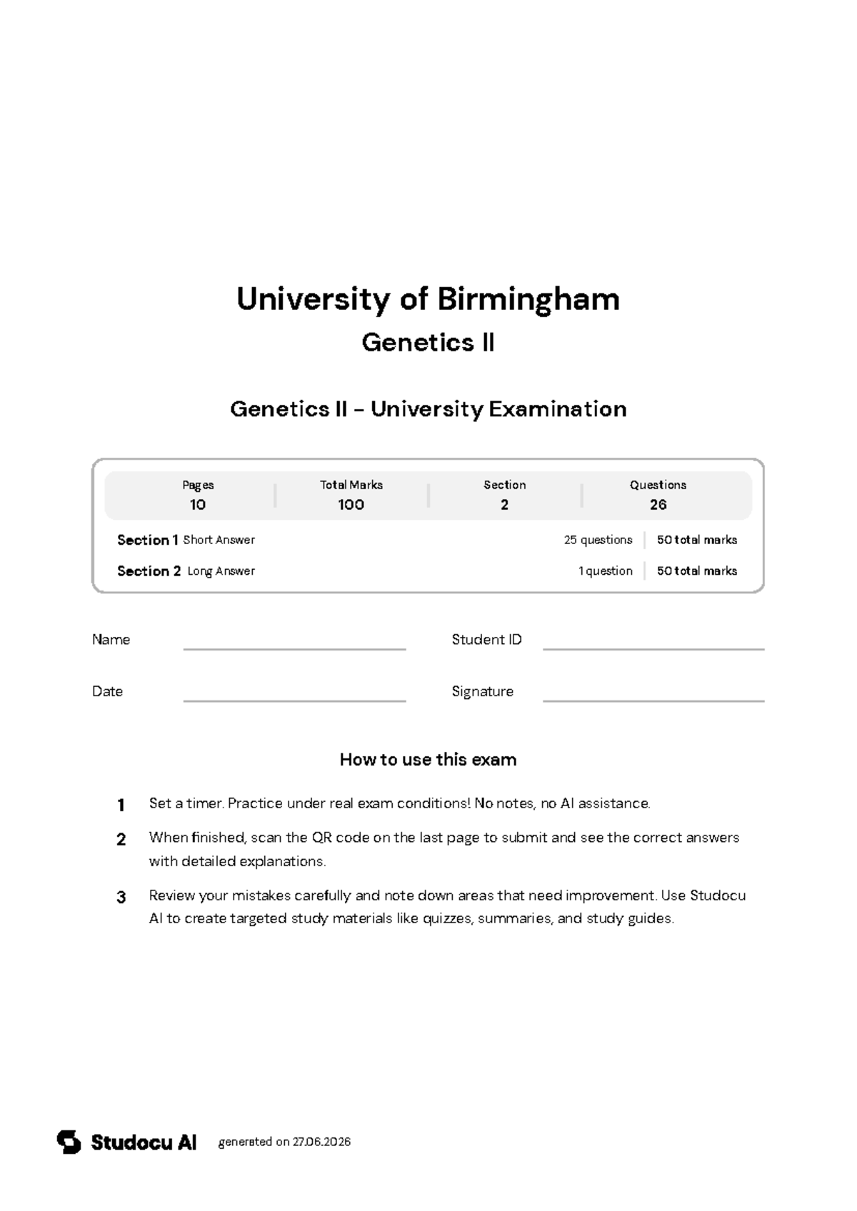 Genetics II - University Examination - Studocu
