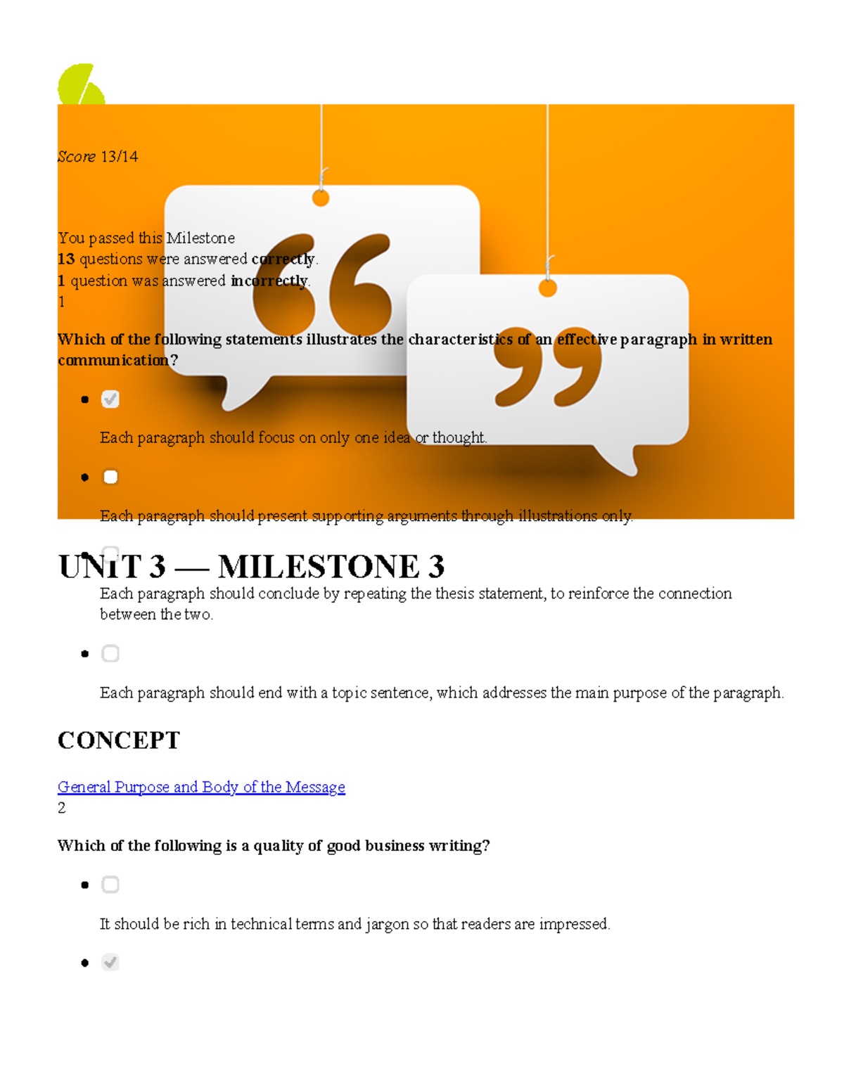 Sophia - Welcome 3 - Notes - UNIT 3 — MILESTONE 3 Score 13/ You passed ...