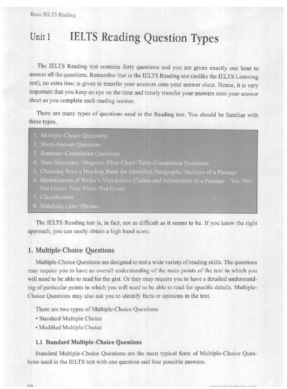 Basic IELTS Reading Unit 1: Question Types Overview - Studocu