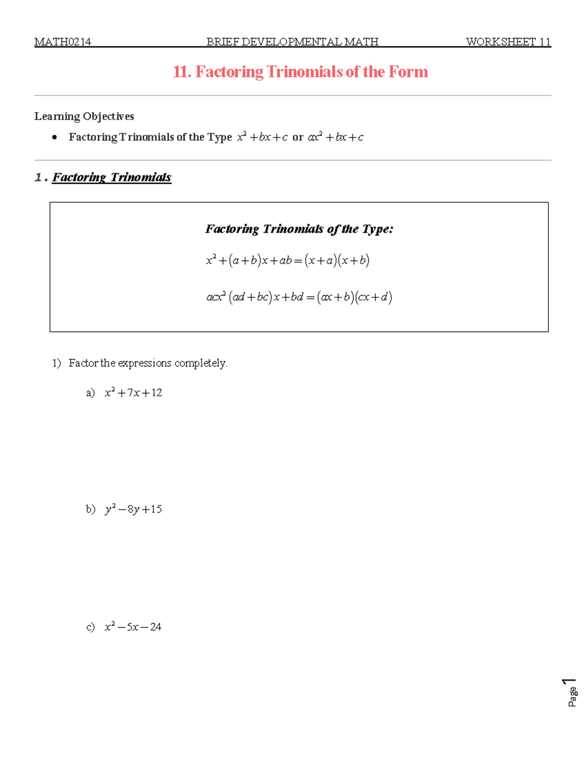 MATH0214 Factoring Trinomials: Worksheet 11 Guide - Studocu