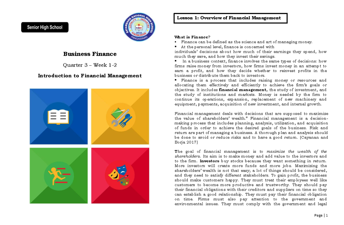 Business Finance Q3: Lesson 1 - Introduction to Financial Management ...
