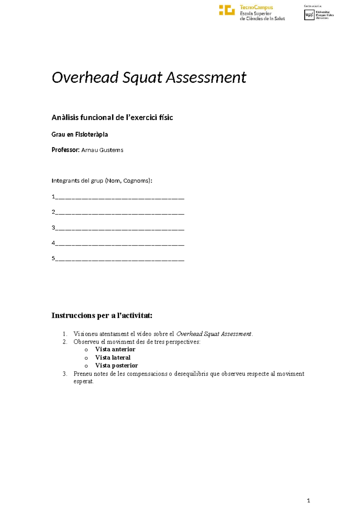 Overhead Squat Assessment: Anàlisi Funcional - Fisioteràpia - Studocu