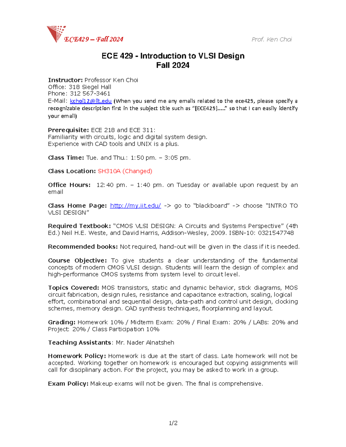 ECE 429 - Syllabus for Introduction to VLSI Design - Fall 2024 - Studocu