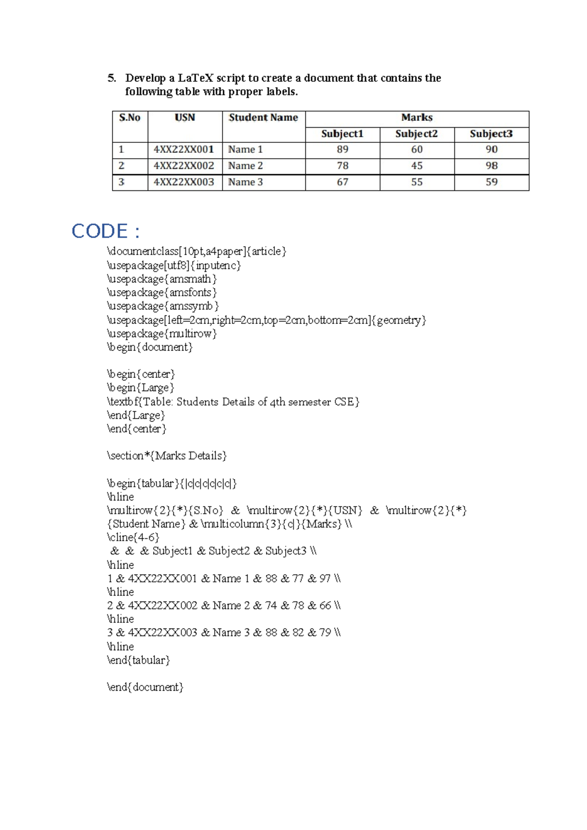 Latex 5 and 6 programs - ... - 5. Develop a LaTeX script to create a ...