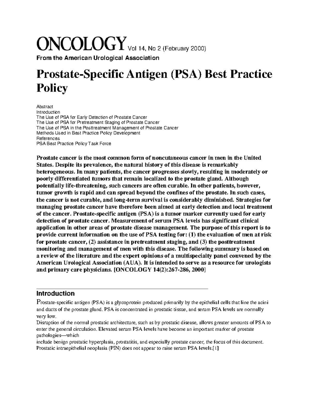 AUA Best Practice Policy on PSA Testing for Prostate Cancer - Studocu