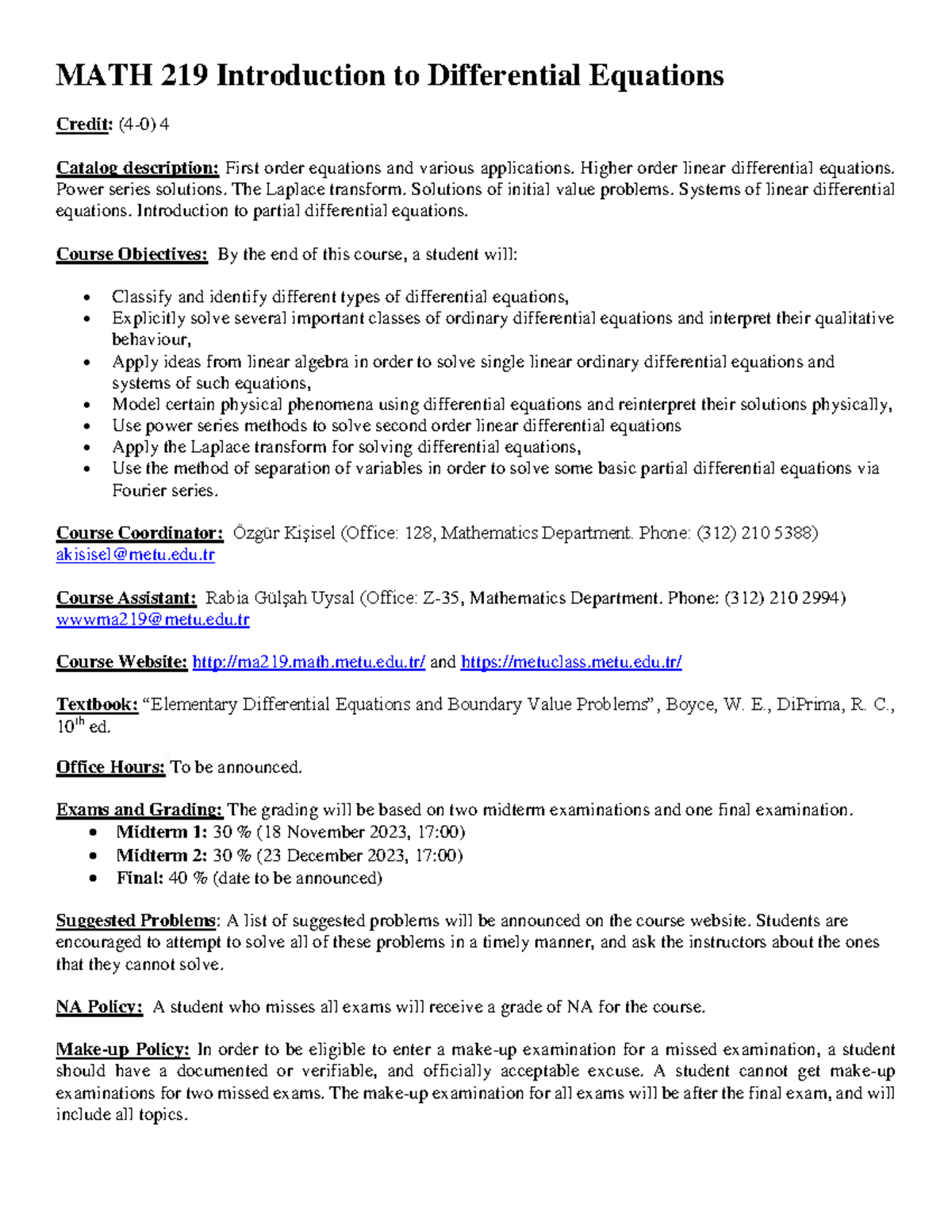 MATH 219 Syllabus: Introduction to Differential Equations Fall 2023 - Studocu