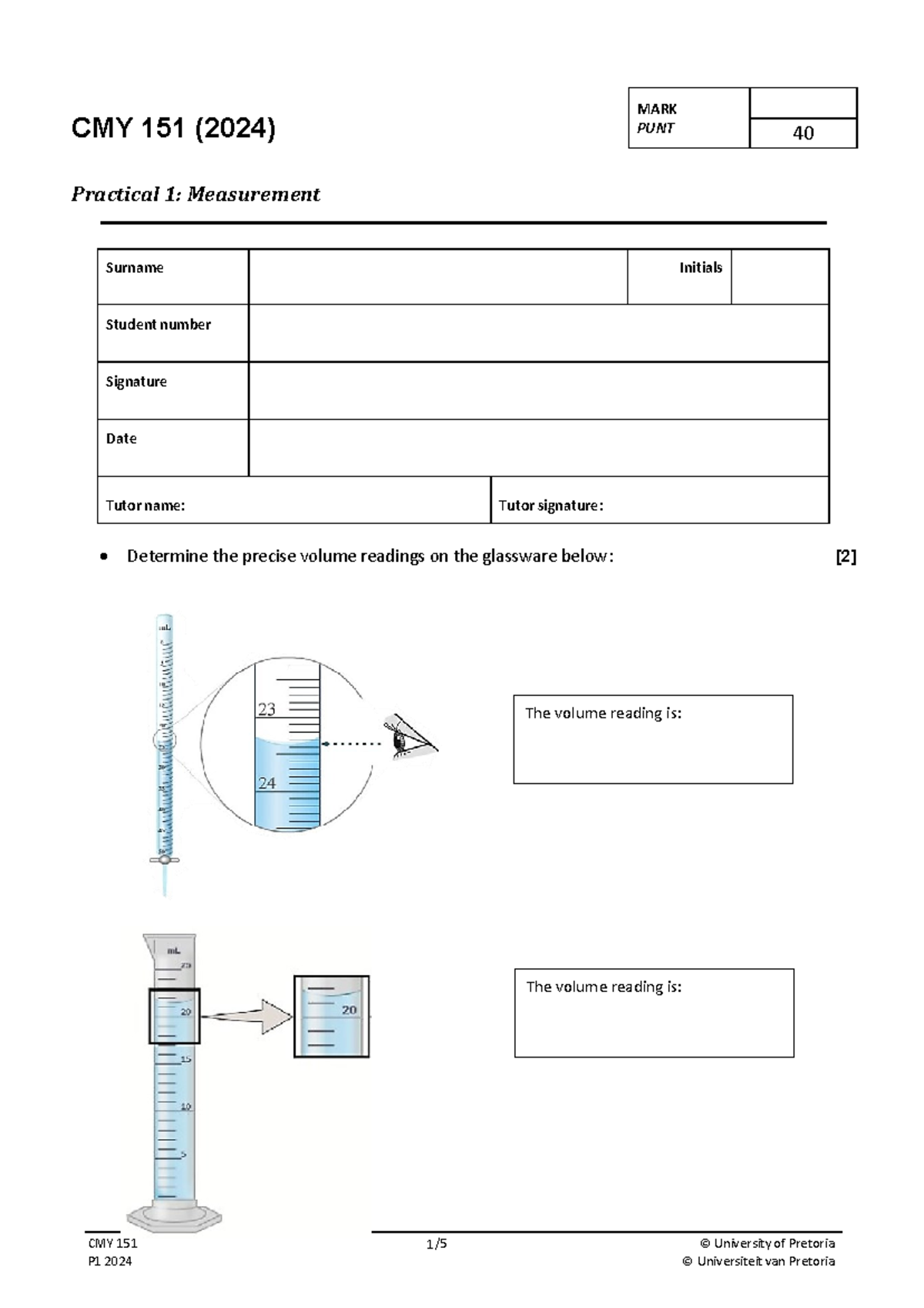 CMY 151 Practical 1 Lab Report: Measurements and Densities 2024 - Studocu