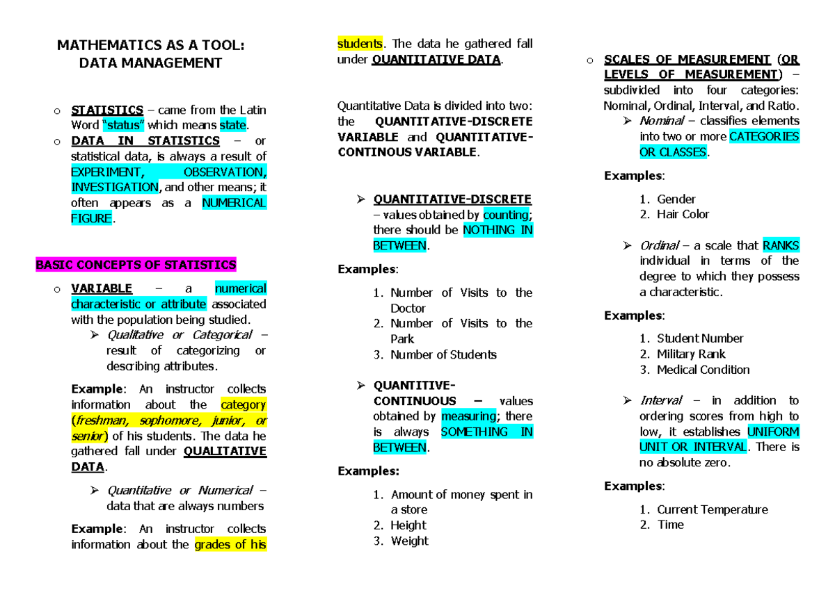 MATH 101 - Midterm Exam Reviewer on Statistics and Data Management ...