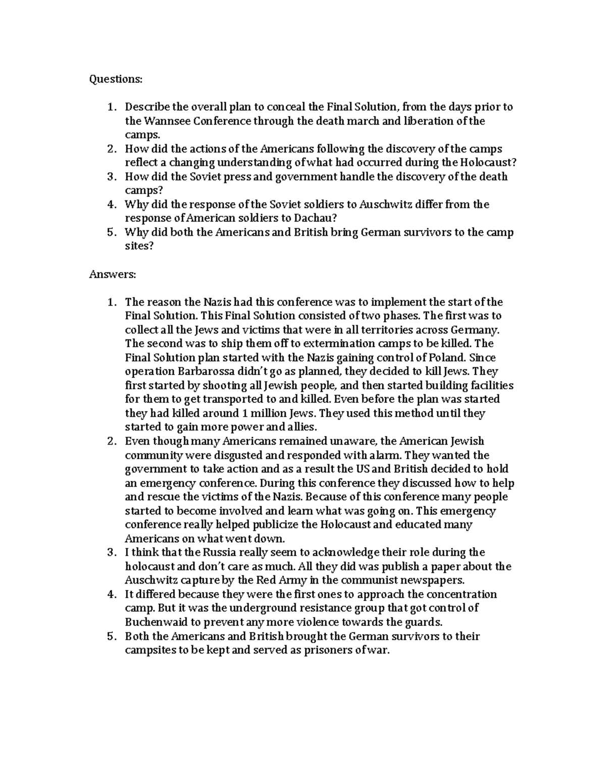 Unit 6 Critical Thinking Questions on the Holocaust - Studocu