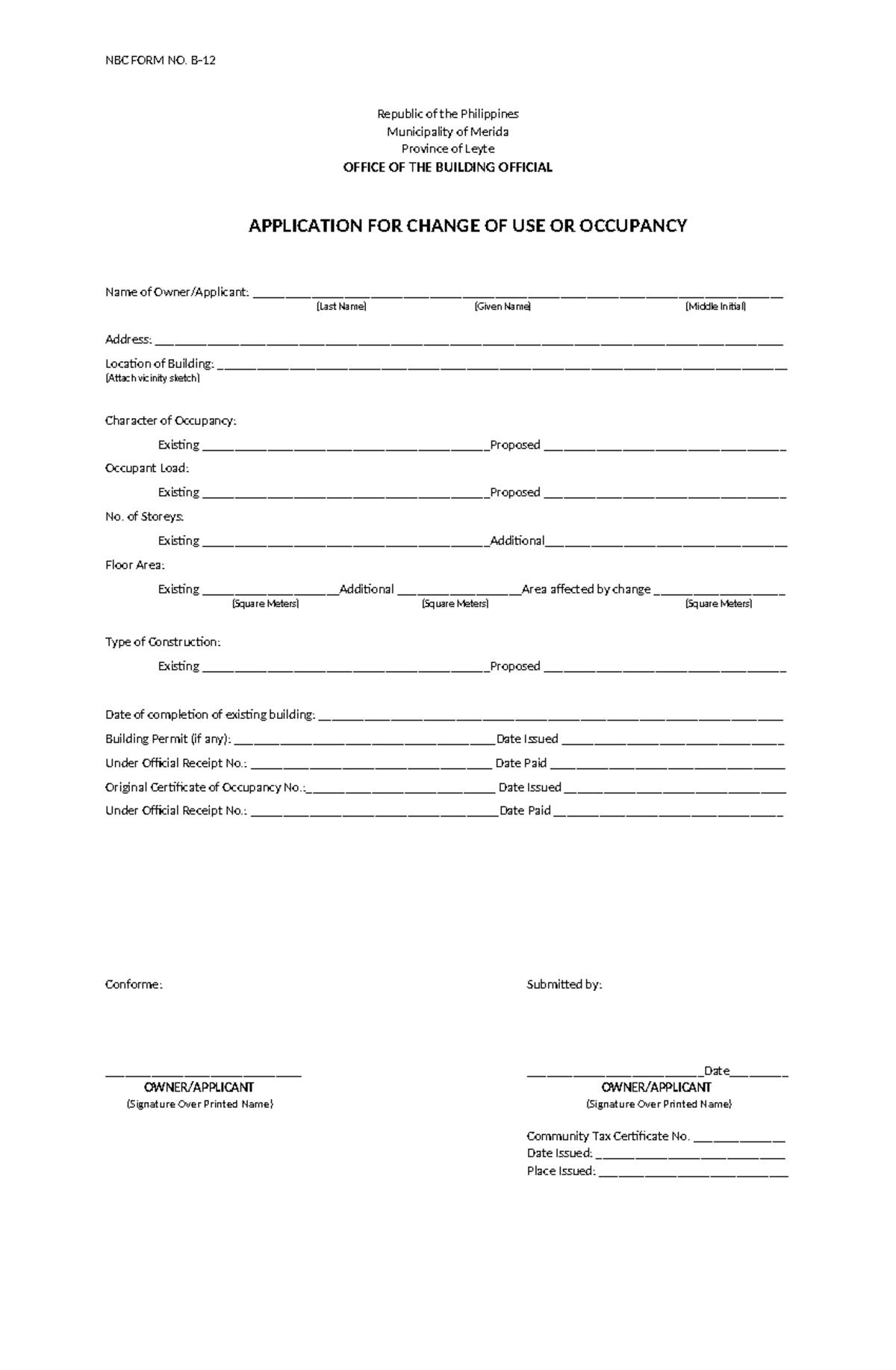 Application FOR Change OF USE OR Occupancy - NBC FORM NO. B- Republic ...