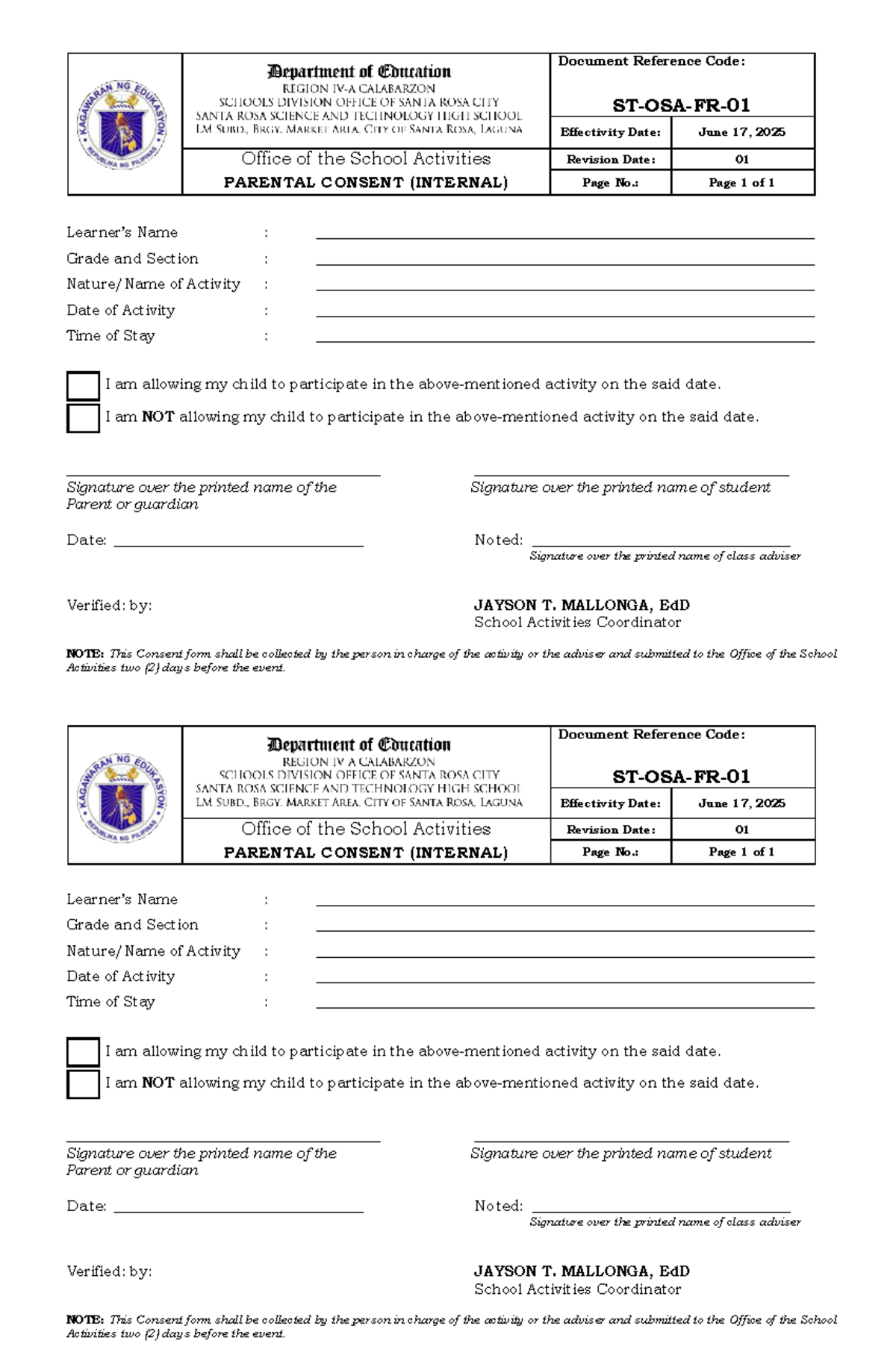Parental Consent Form for School Activities (Internal) - Studocu