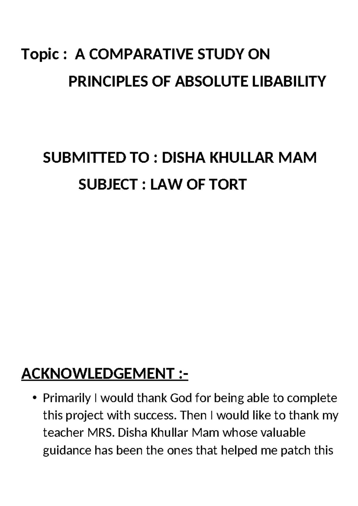 Comparative Study on Absolute Liability in Law of Tort (LAW101) - Studocu