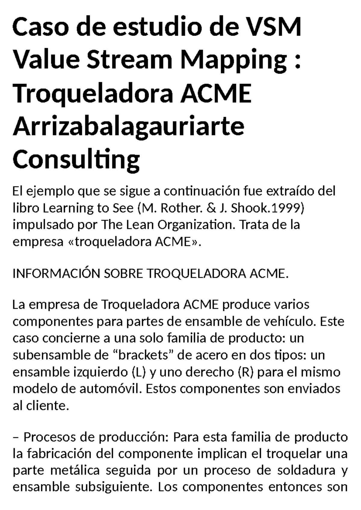 Caso de Estudio VSM: Optimización en Troqueladora ACME 2025 - Studocu
