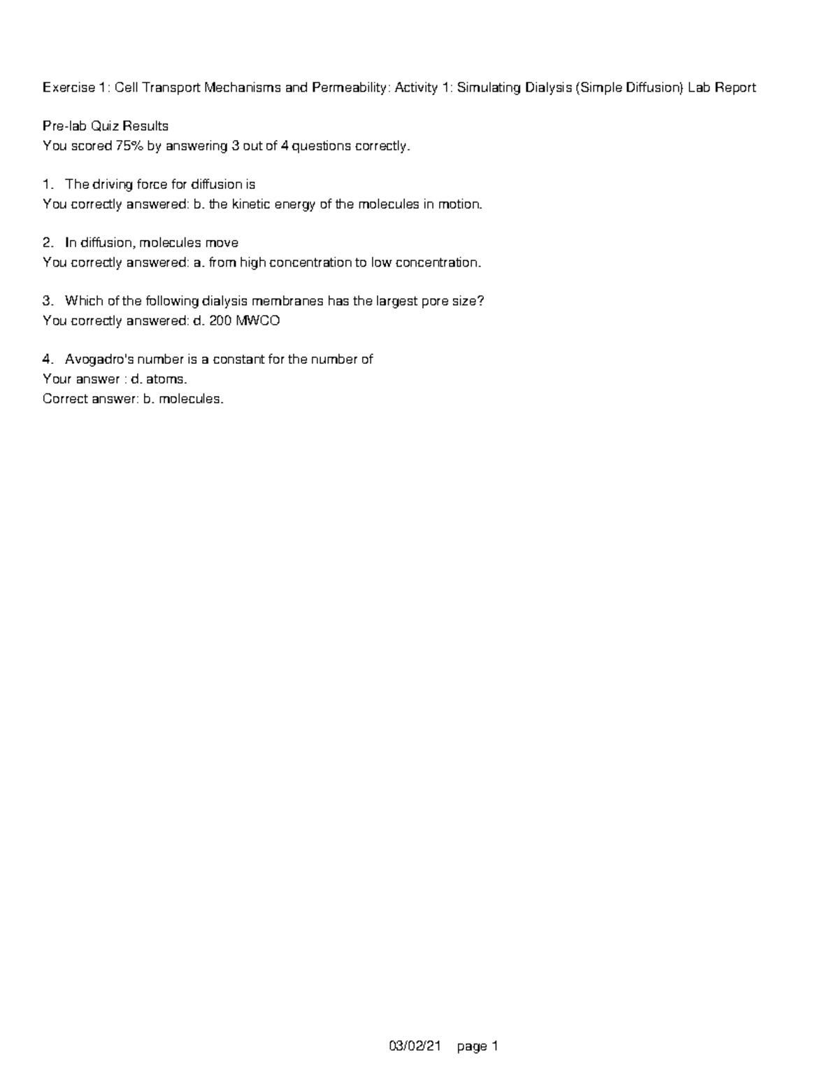 PEx Exercise 1 cell transport activity 1 - Name: Kim Nayoung Exercise 1 ...