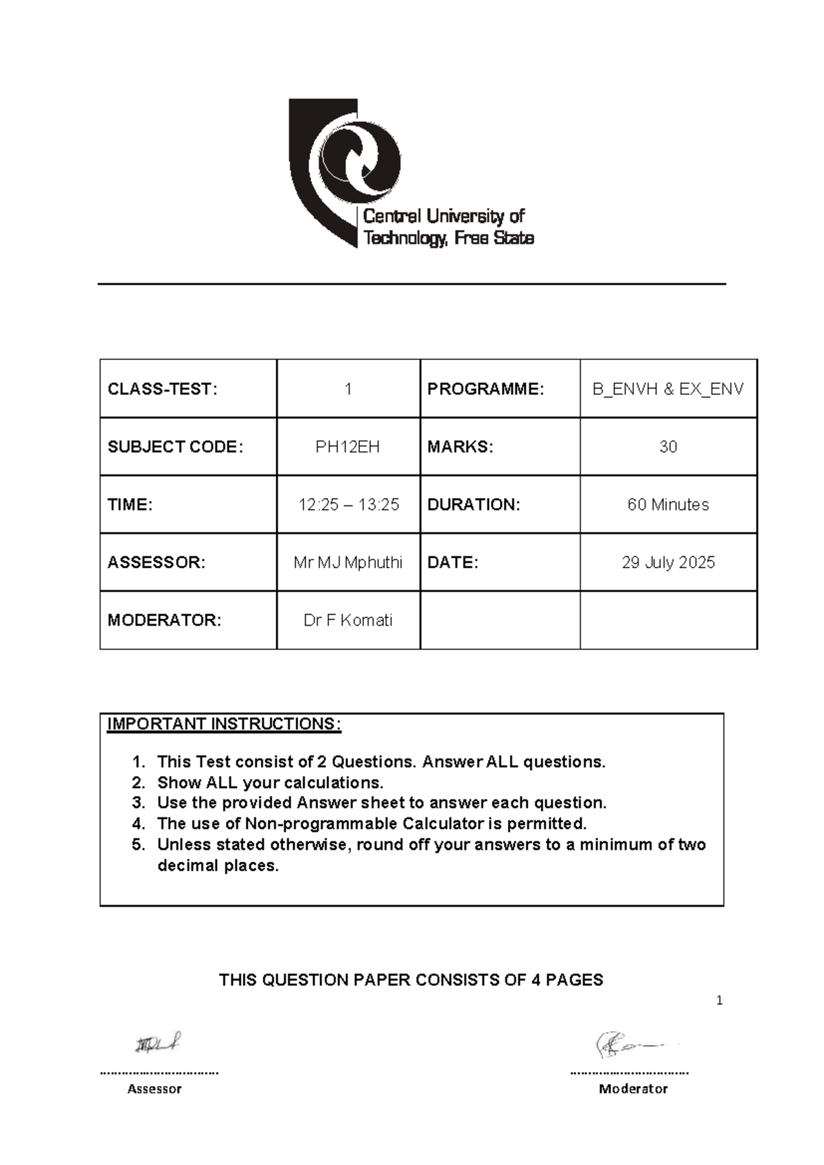 PH12EH Class Test: B ENVH & EX ENV - 29 July 2025 - Studocu