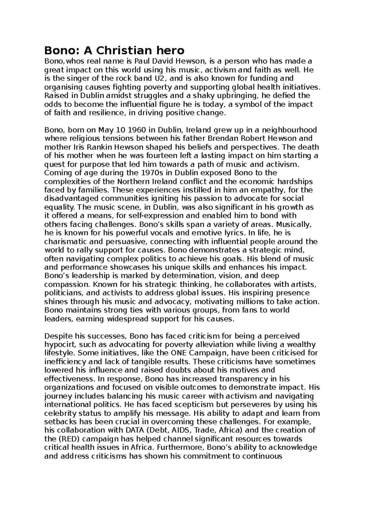 Bono: The Christian Activist and Music Icon in Social Justice - Studocu