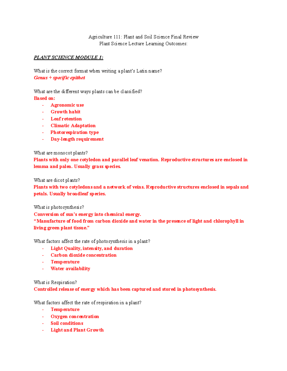 Agriculture 111 Final Review- Plant Science - Agriculture 111: Plant ...
