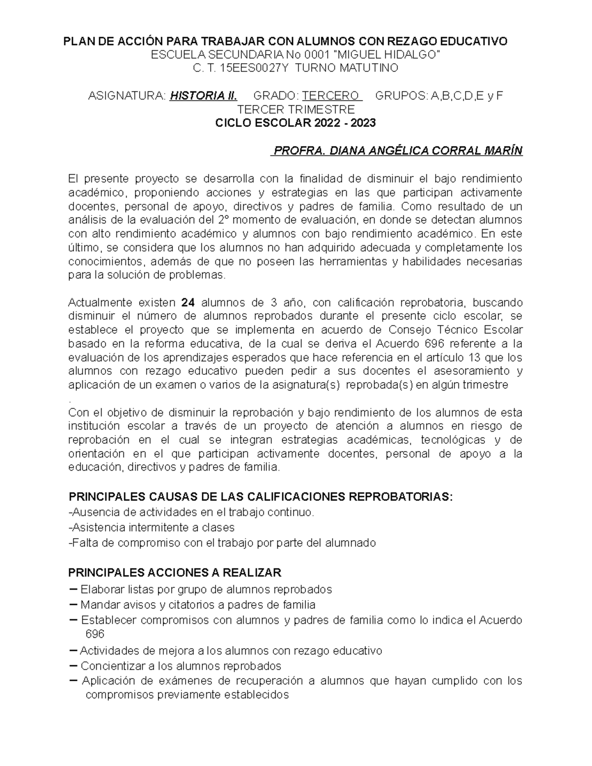 PLAN DE Accion Recuperacion - PLAN DE ACCIÓN PARA TRABAJAR CON ALUMNOS CON REZAGO EDUCATIVO ...