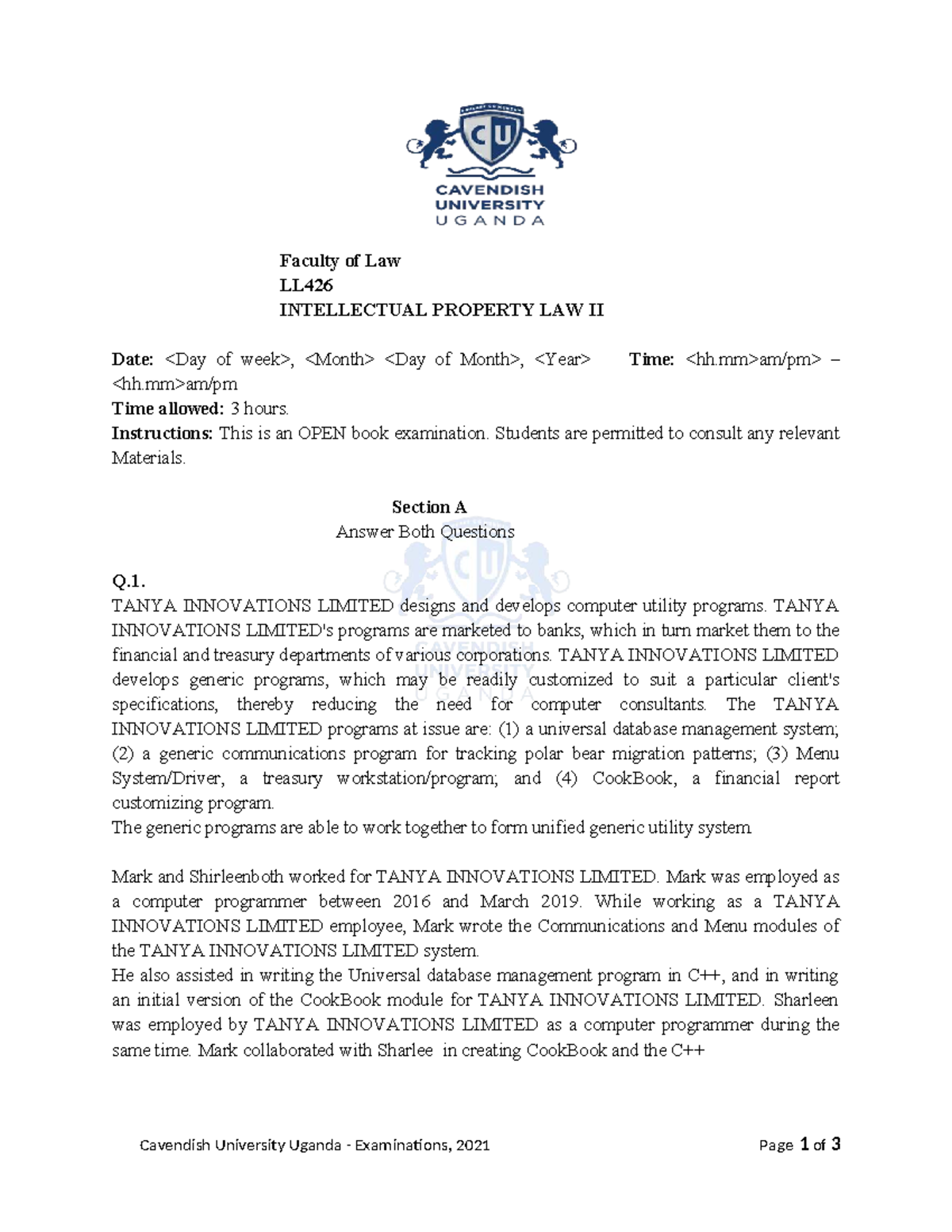LLB426 Final Exam: Intellectual Property Law II Analysis and Case Study ...