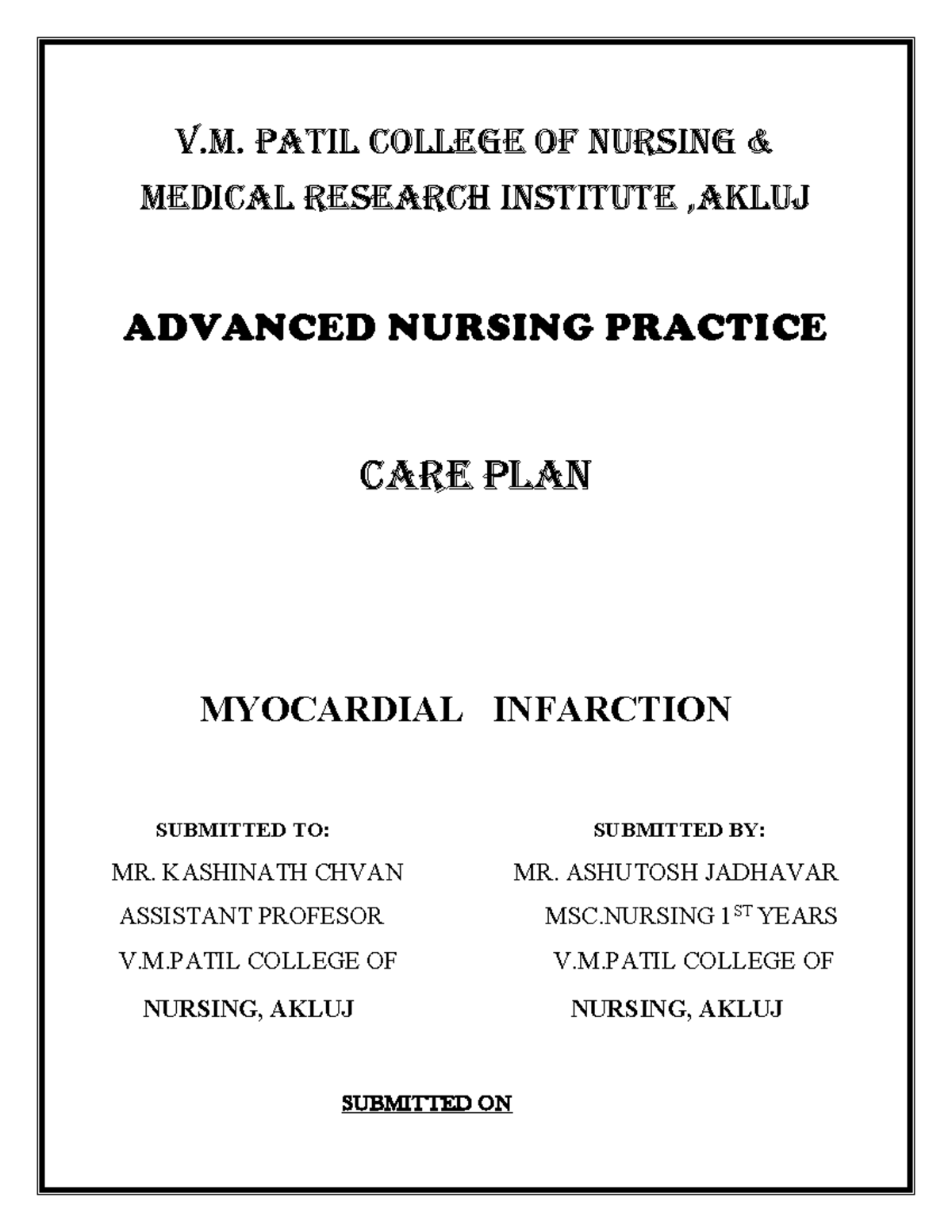 ANP Care Plan for Myocardial Infarction - V.M. Patil College of Nursing ...