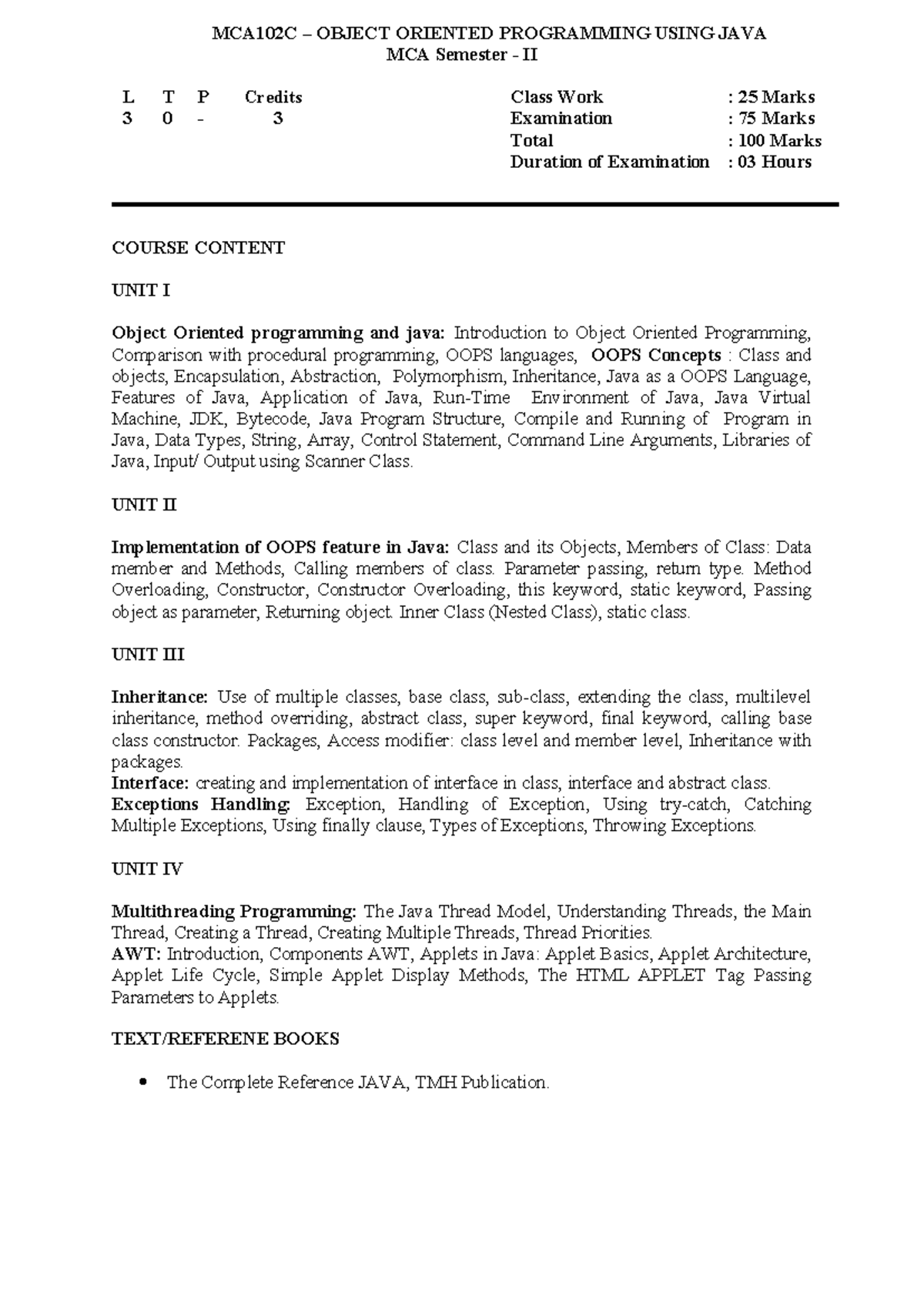 MCA102C Object Oriented Programming with Java - Syllabus Overview - Studocu