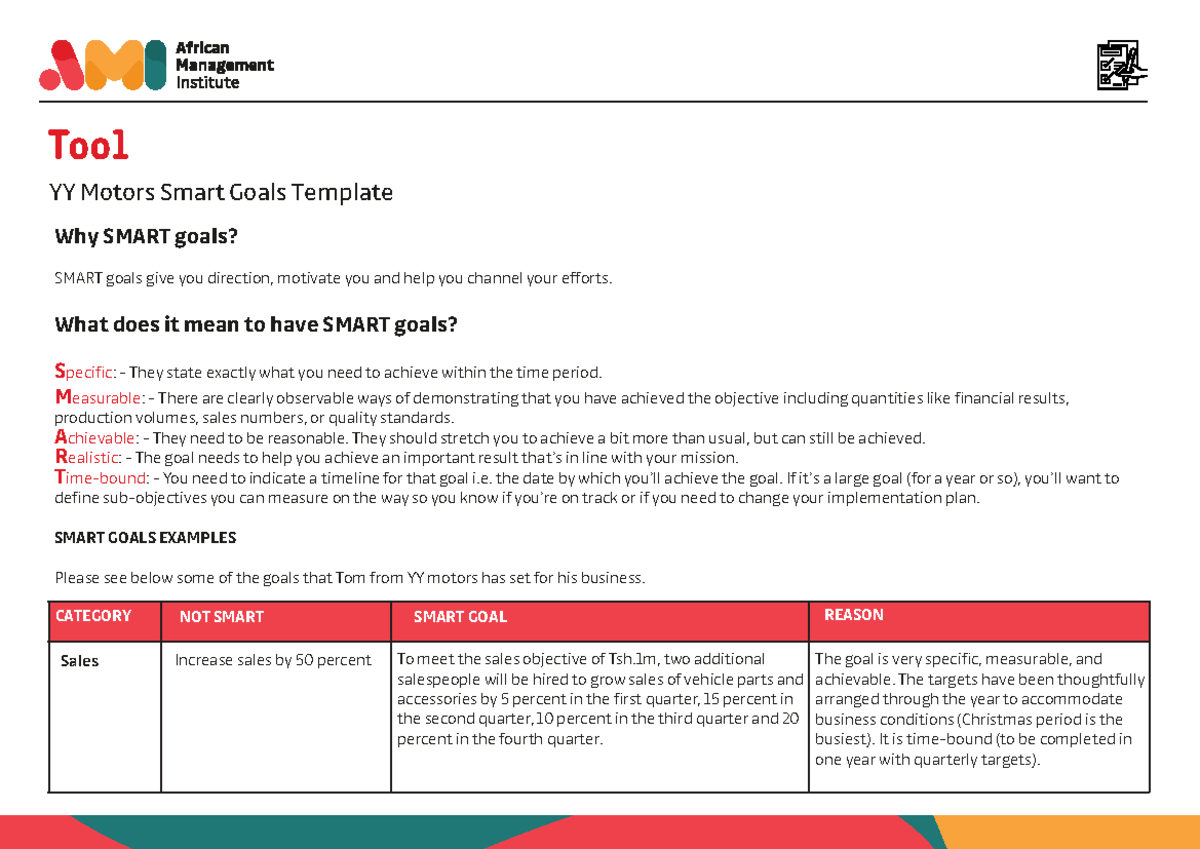 YY Motors SMART Goals Template: A Guide to Effective Goal Setting - Studocu