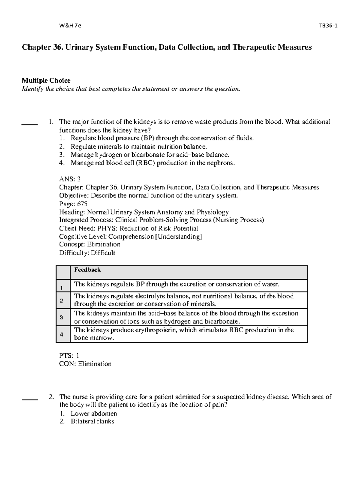 NUR 2241 Chapter 36: Urinary System Functions & Data Collection - Studocu