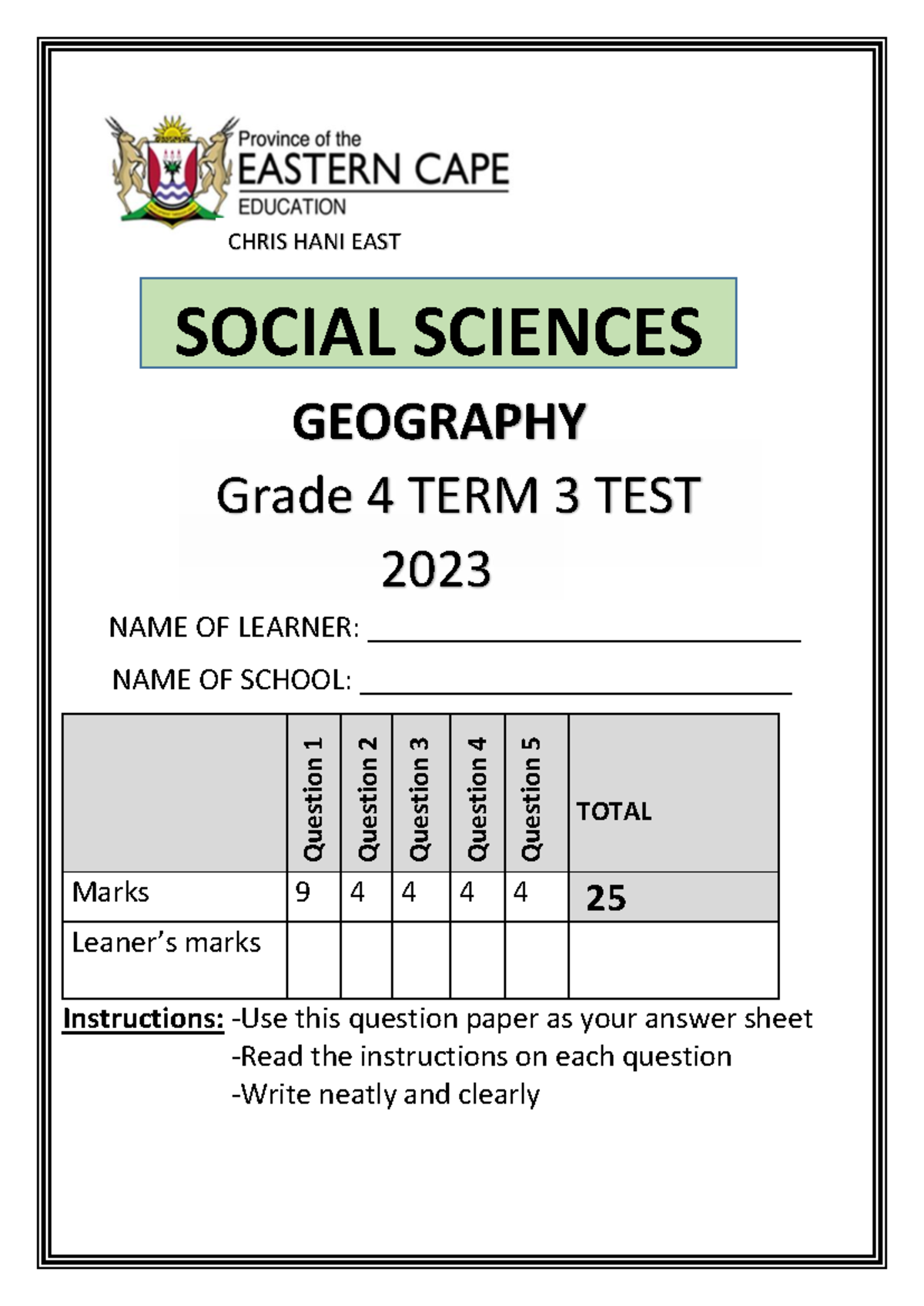 Grade 4 Geography Term 3 Test 2023: Case Studies & Questions - Studocu