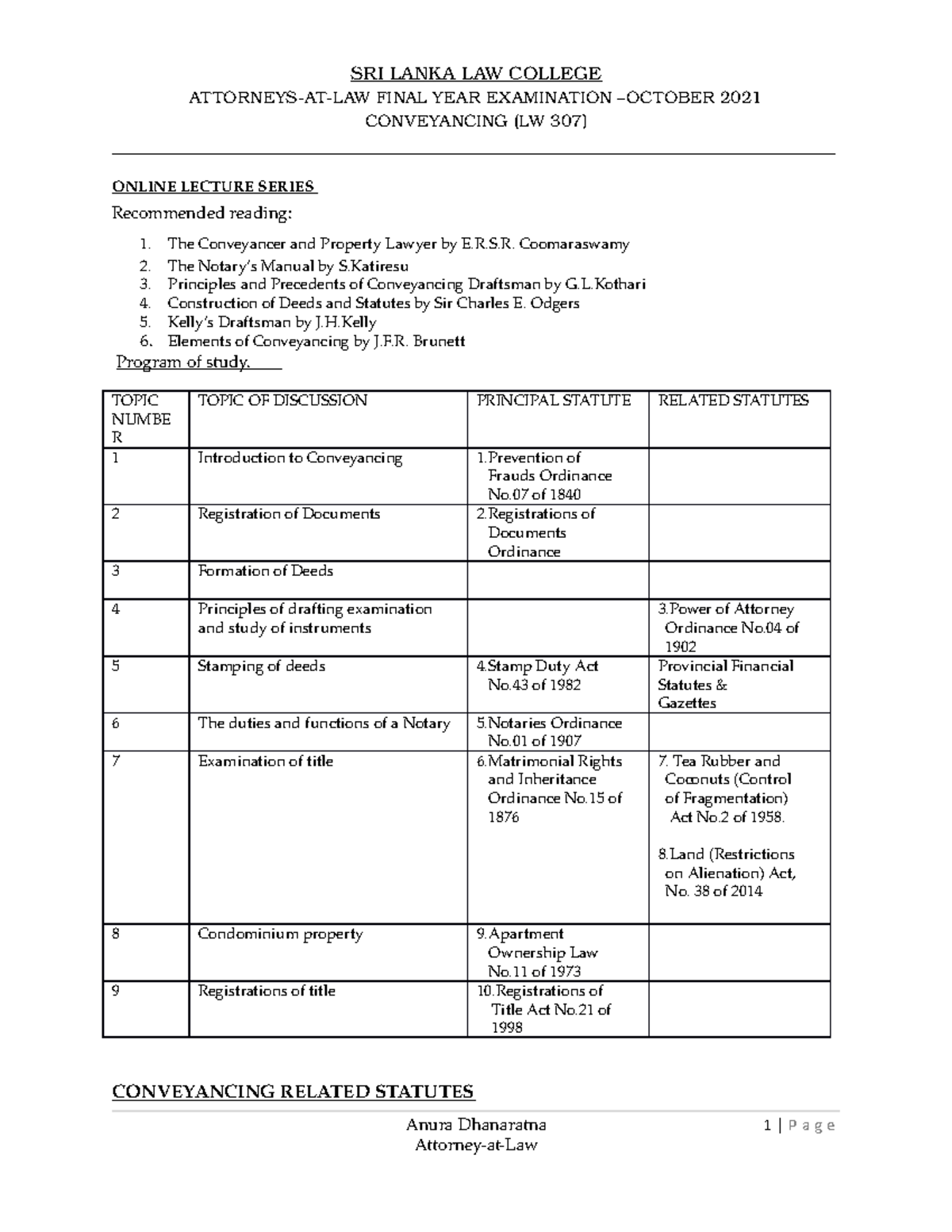 01. Program of study - Lecture notes 1 - SRI LANKA LAW COLLEGE ...