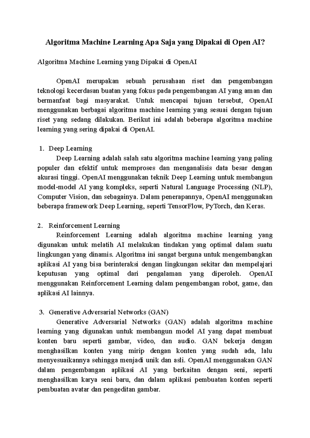 Algoritma Machine Learning Apa Saja yang Dipakai di Open AI - Untuk ...