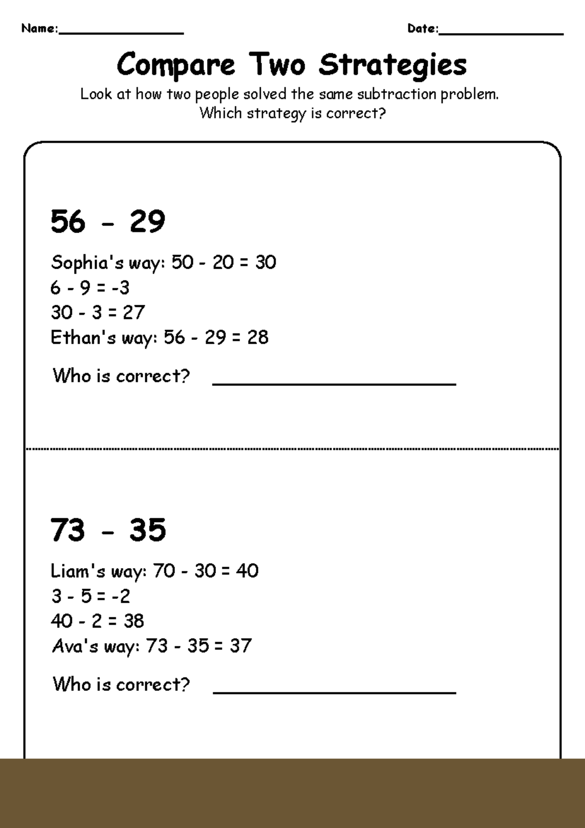 Comparing Subtraction Strategies - Worksheet - Name: Date: Compare Two ...