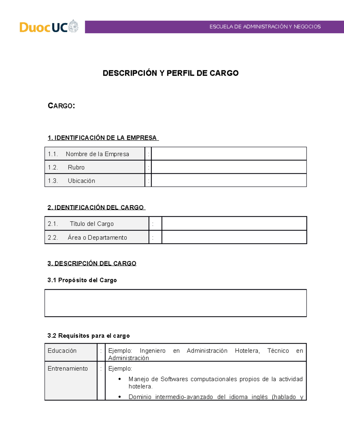 Ejemplo de Descriptor y Perfil de cargo - DESCRIPCIÓN Y PERFIL DE CARGO CARGO: 1. IDENTIFICACIÓN ...