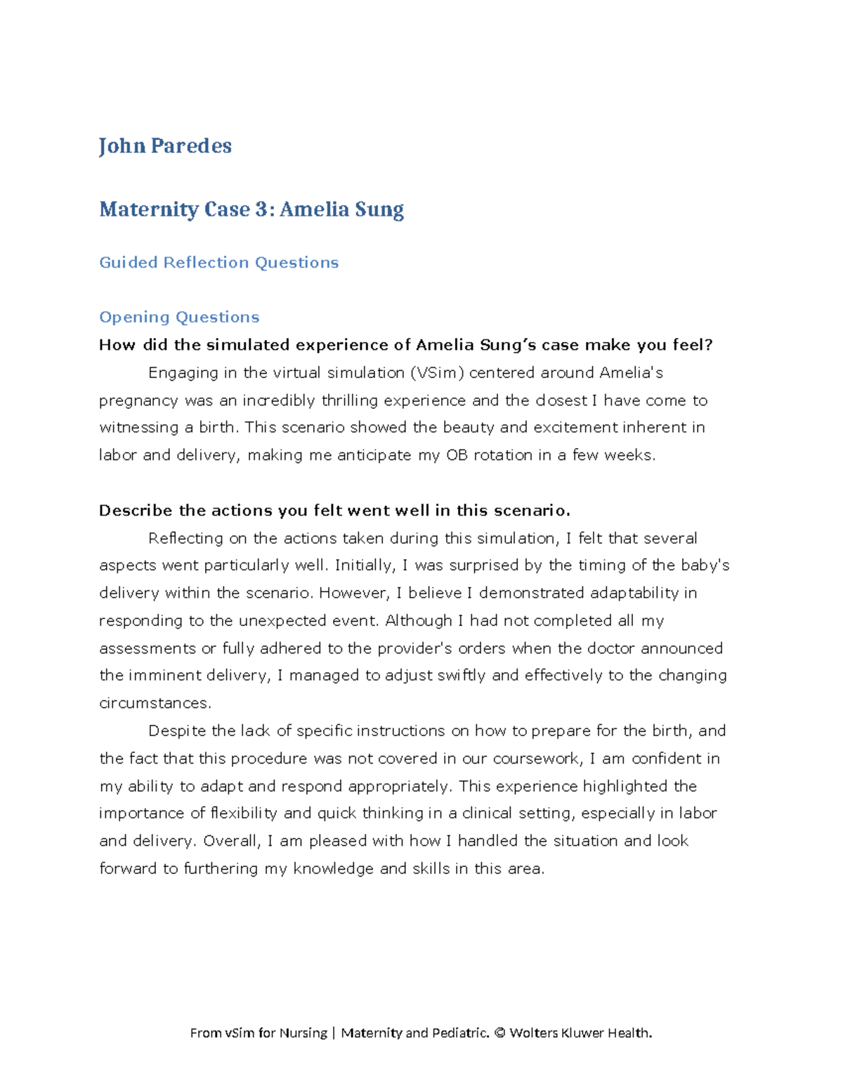 VSIM Case Study Reflection: Maternity & Shoulder Dystocia (Amelia) - Studocu