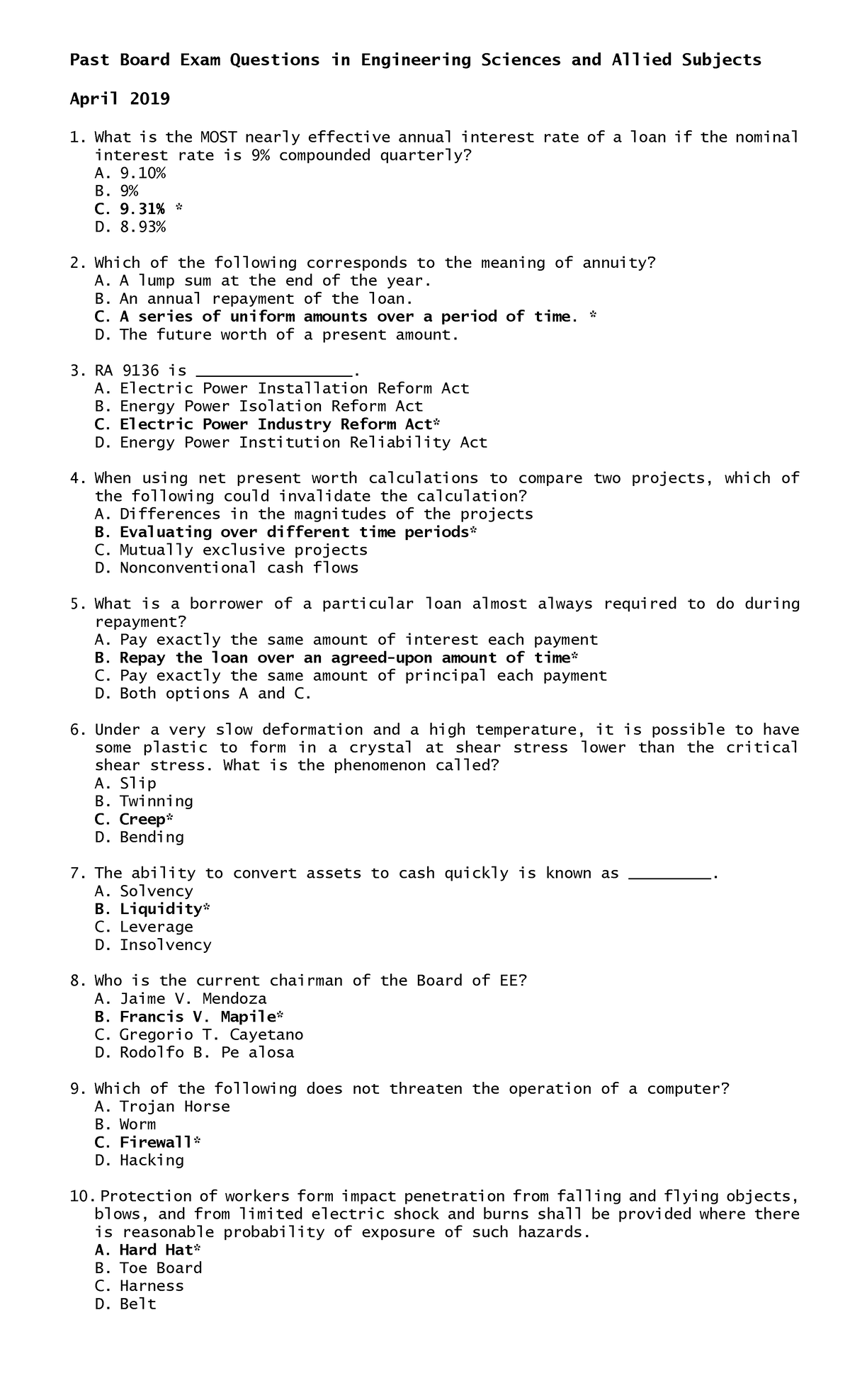 Past Board Exam Questions in Engineering Sciences and Allied Subjects ...
