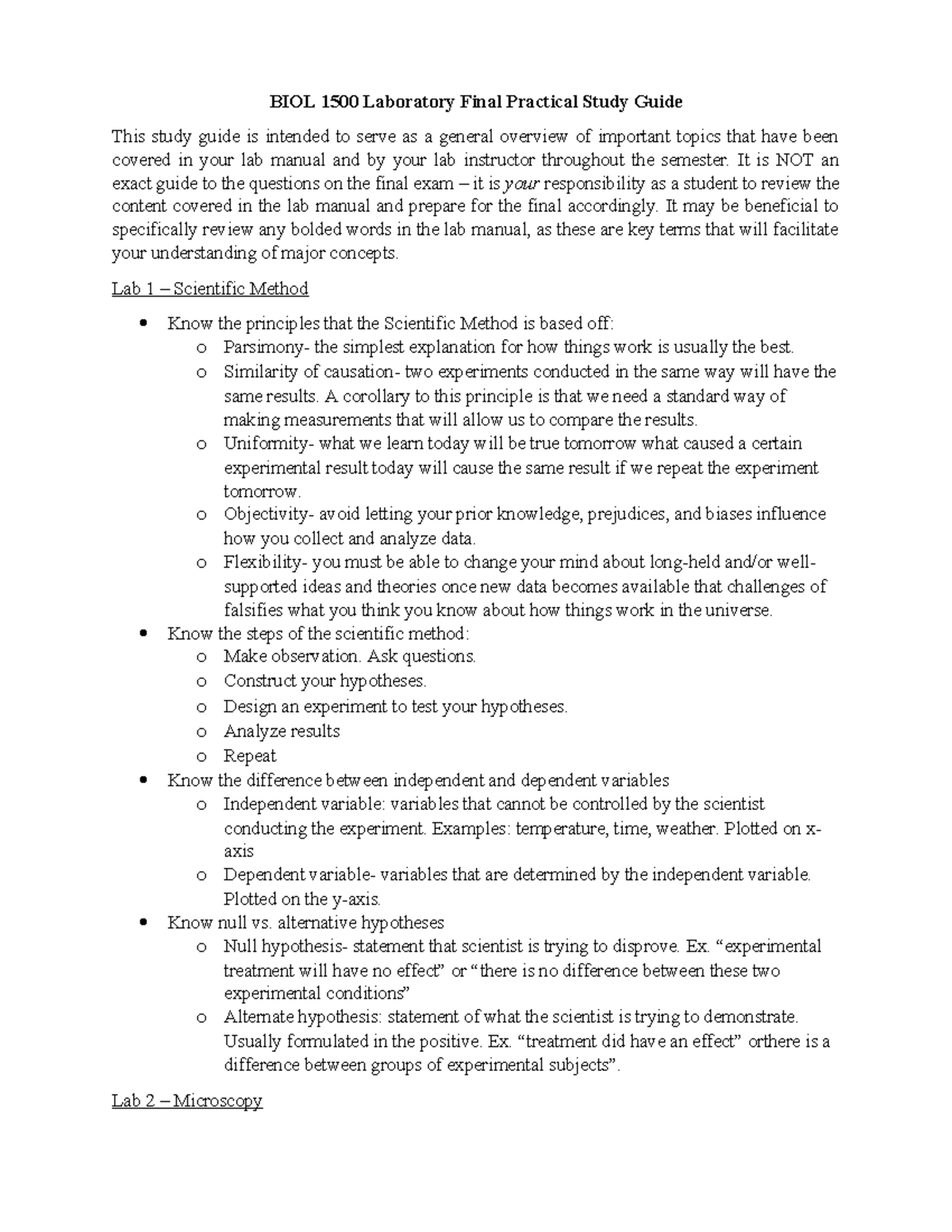 BIOL 1500 Final Lab Practical Study Guide - BIOL 1500 Laboratory Final Practical Study Guide ...