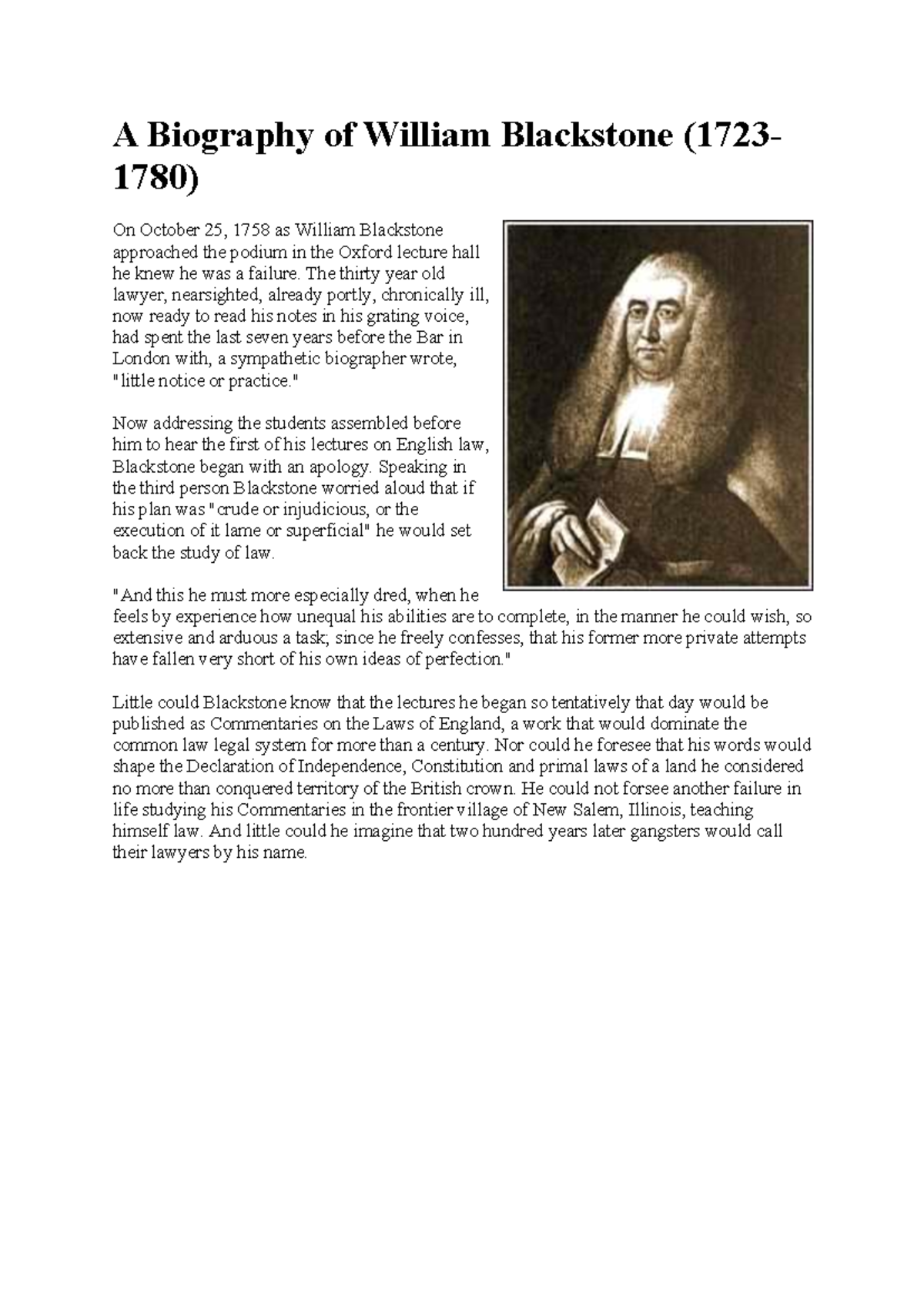 Short Biography of William Blackstone (1723-1780) - Full Version - Studocu