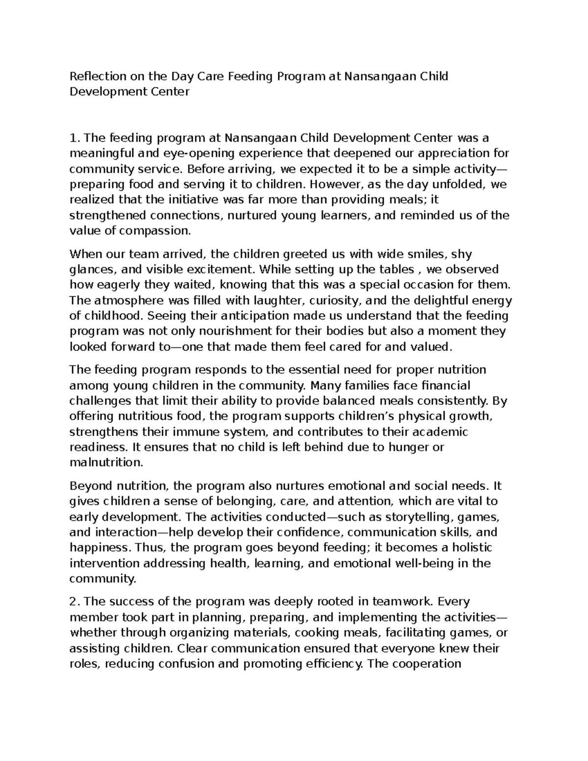 Reflection on the Day Care Feeding Program at Nansangaan Center - Studocu
