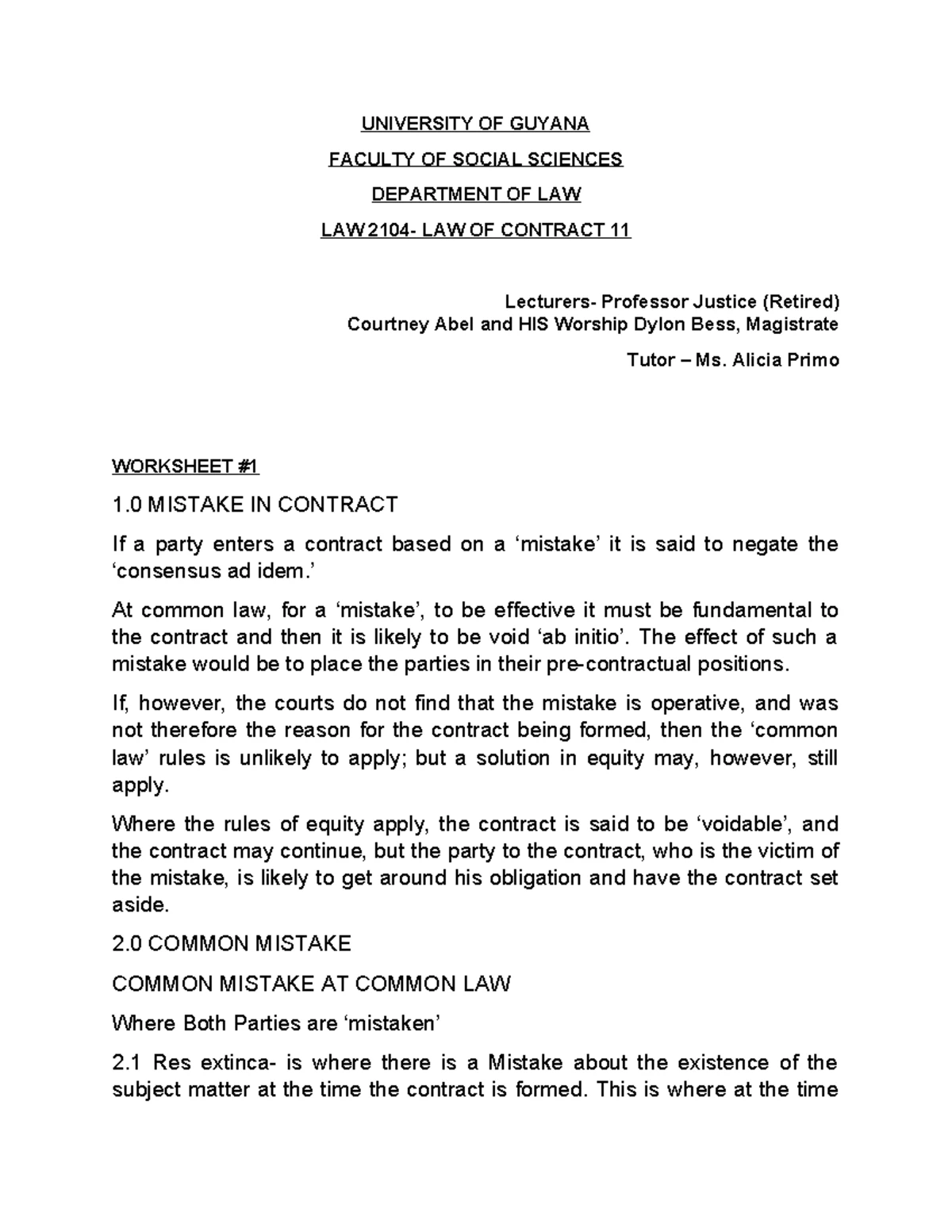 LAW 2104 Worksheet #2: Misrepresentation in Contract Law - Studocu