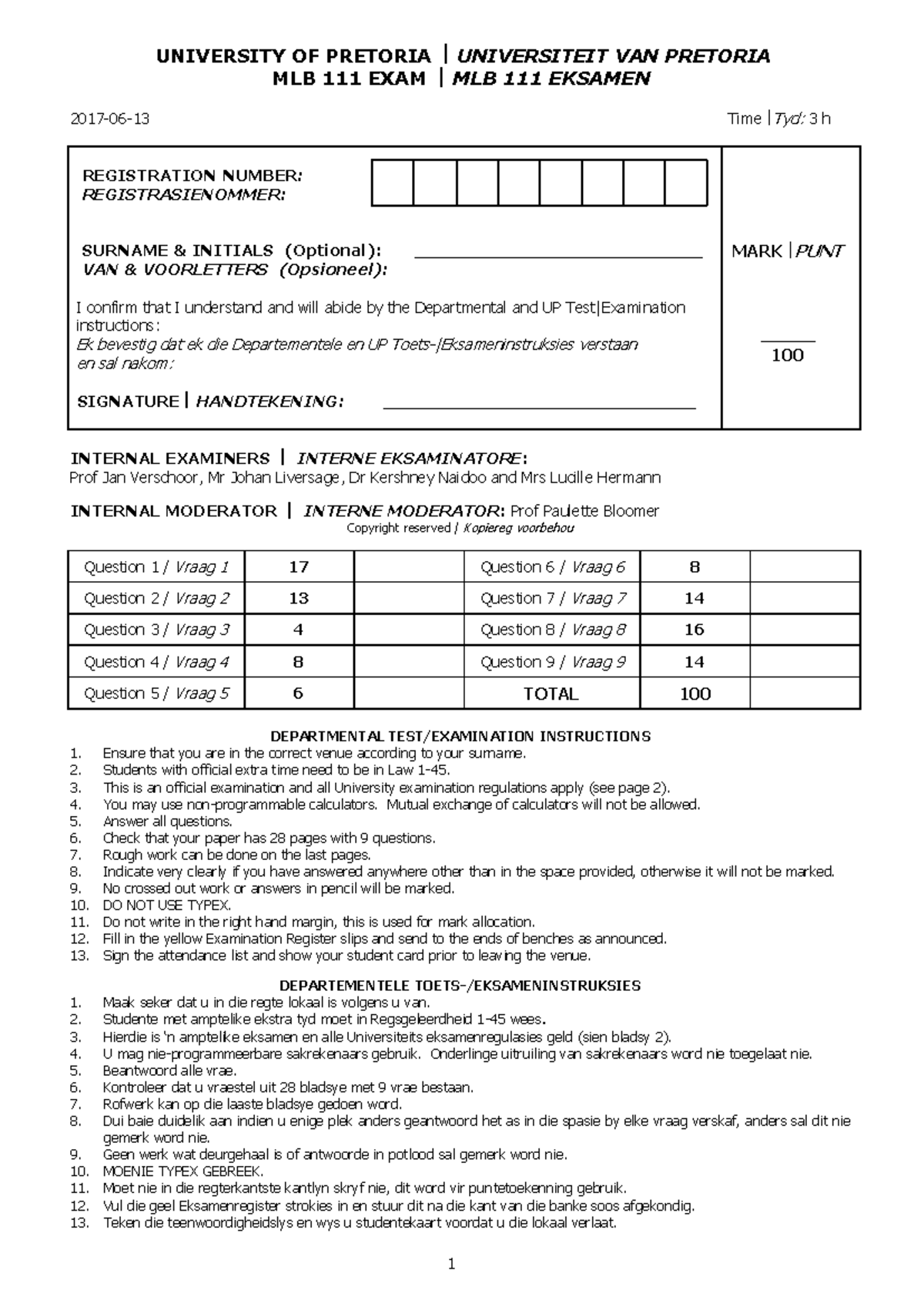 MLB 111 EXAM 2017 Final - UNIVERSITY OF PRETORIA UNIVERSITEIT VAN ...