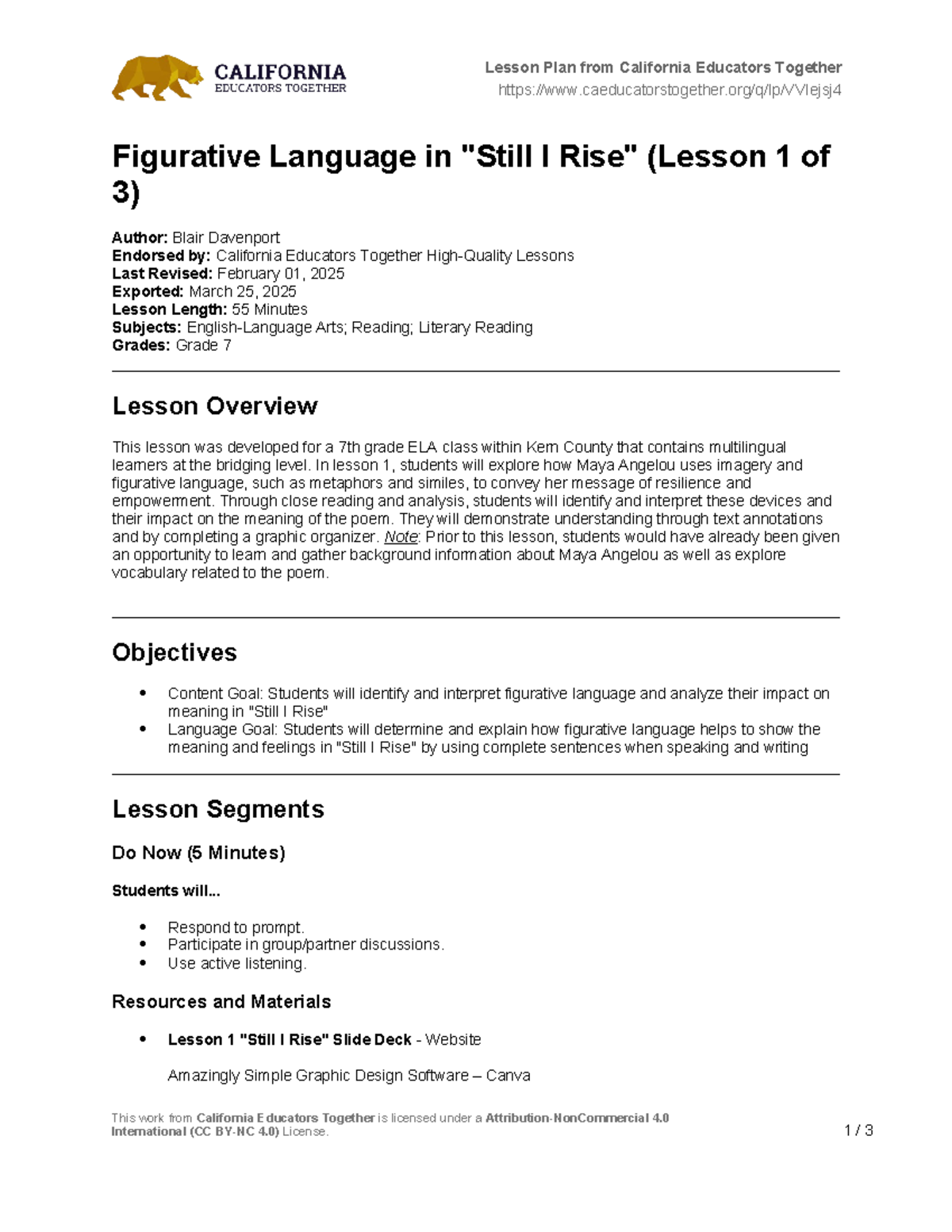 Figurative Language in "Still I Rise" - Lesson 1 - 7th Grade ELA - Studocu
