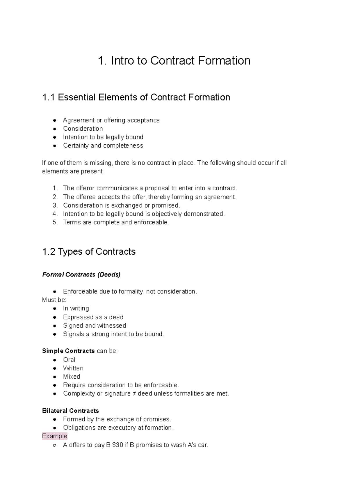 Contracts - Notes on Formation, Offers, and Acceptance (LAW101) - Studocu