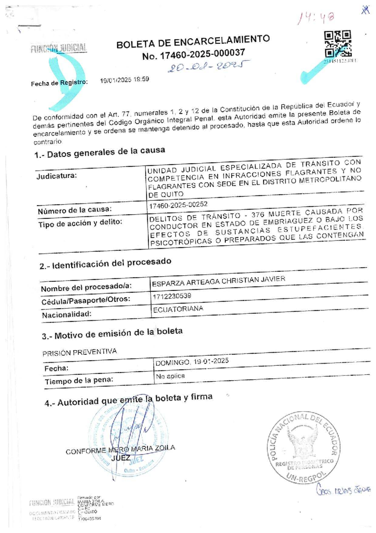 Boleta de Encarcelamiento No. 376 - Delitos de Tránsito - Studocu