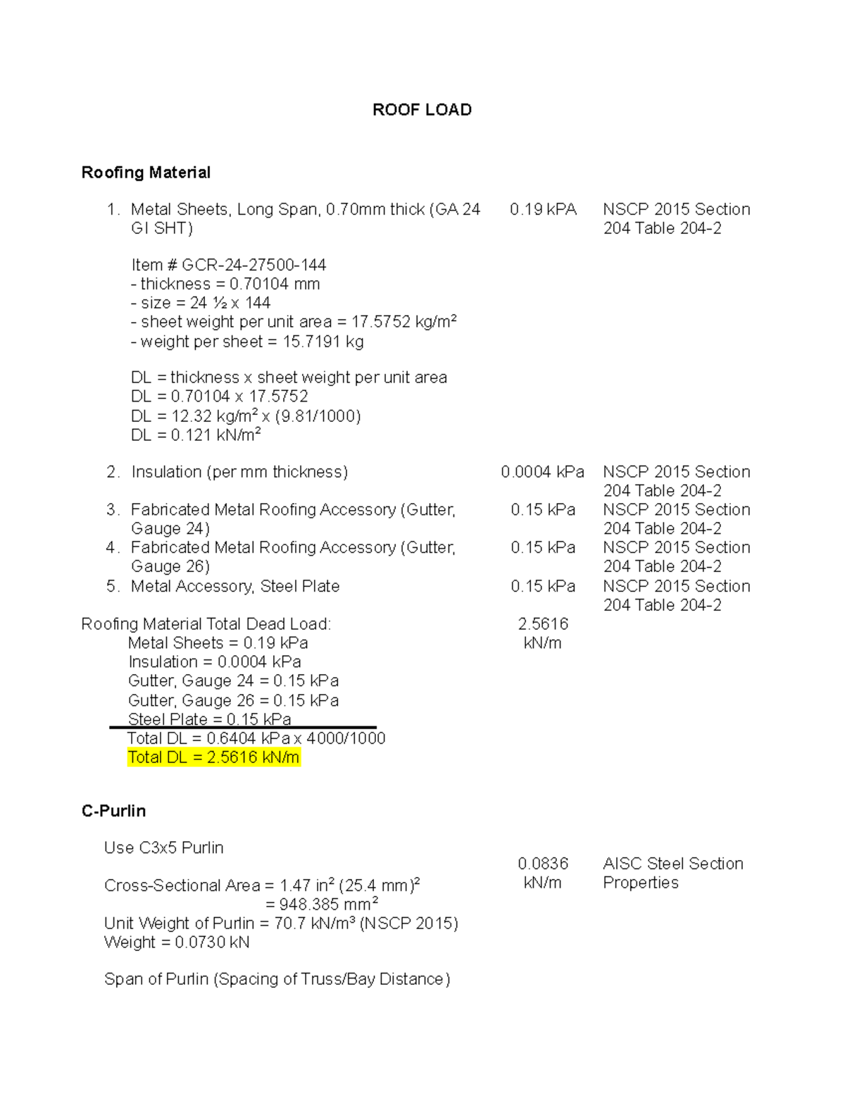 Roof Load Calculation and Analysis for Structural Design - Studocu