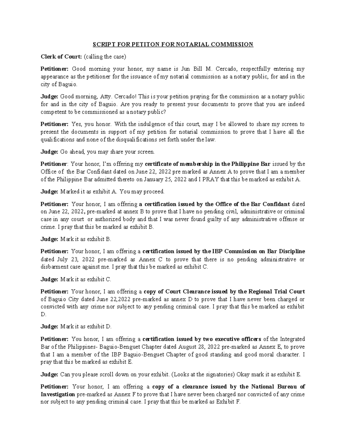 Script for Petition for Notarial Commission - Baguio City - Studocu