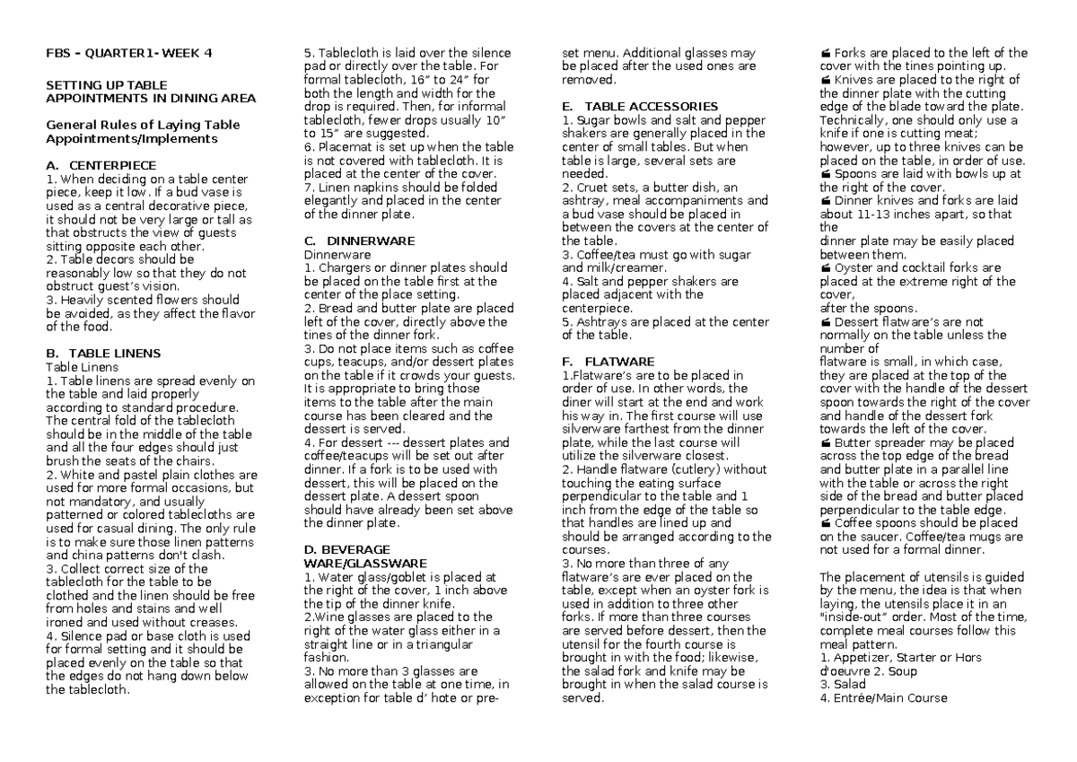 FBS-Q1W4 Handouts: Setting Up a Dining Area in PE and Health - Studocu