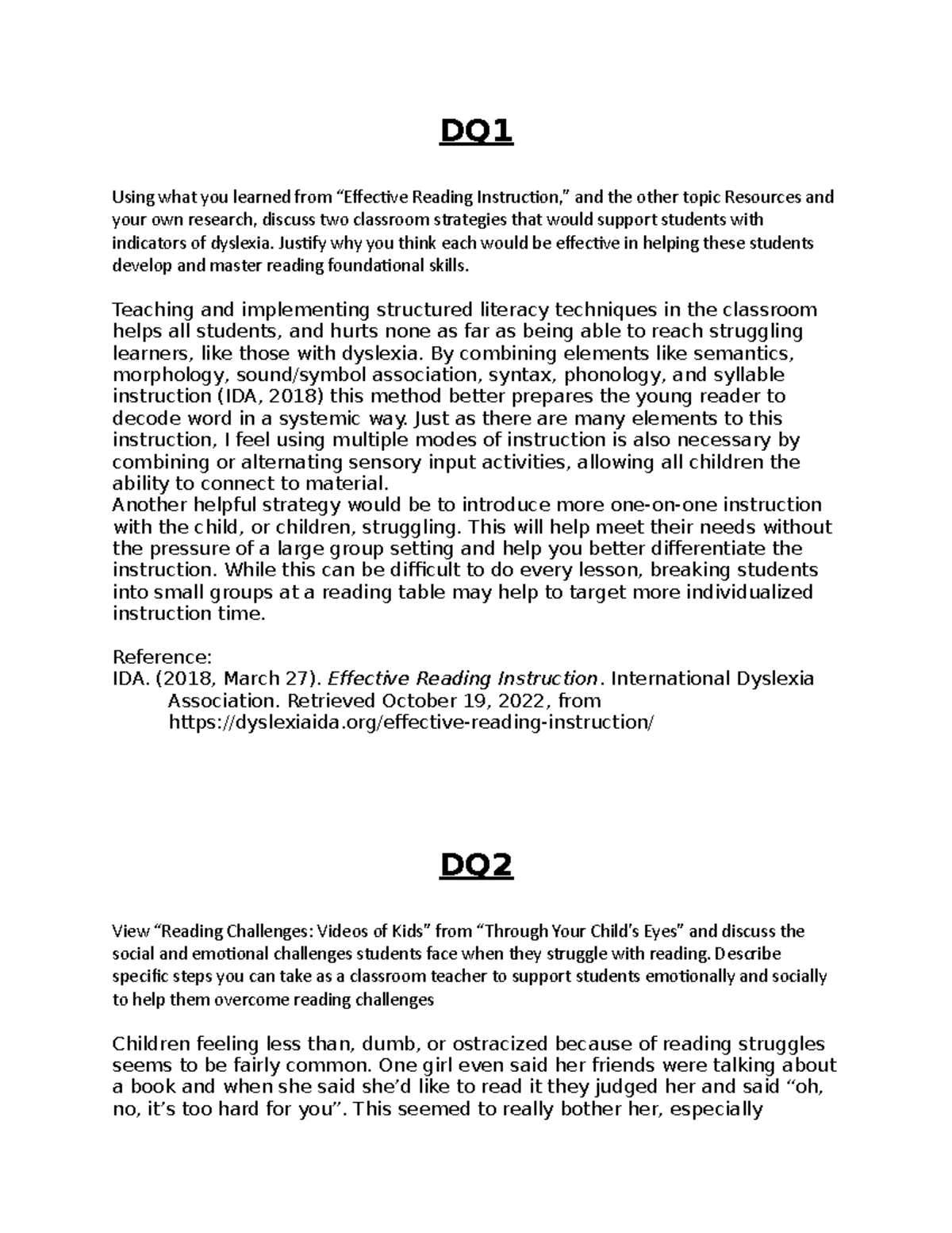 DQ3 - Week 3 Discussion on Supporting Students with Dyslexia - Studocu