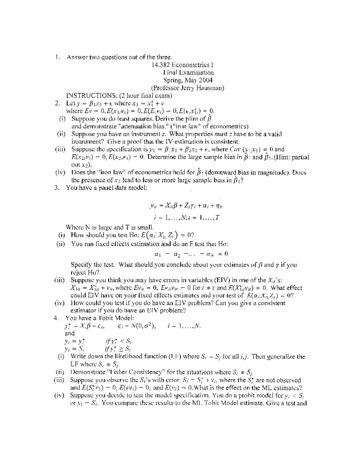MIT 14.382 Econometrics I Final Exam - Spring 2004 Solutions - Studocu